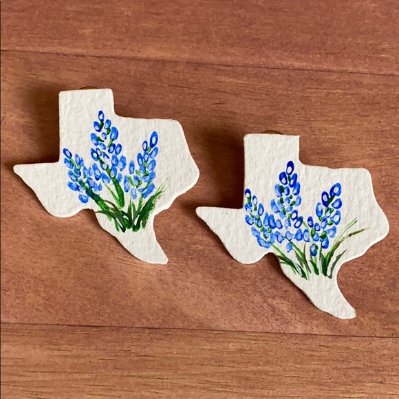 Jewelry | White Texas Shape Earrings W Painted Bluebonnets | Poshmark
